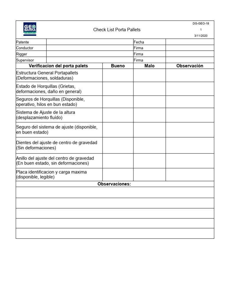 check list Porta Pallets | PDF