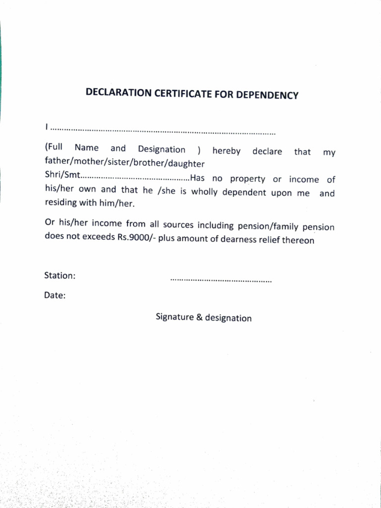 Declaration Certificate for Dependancy Cghs | PDF