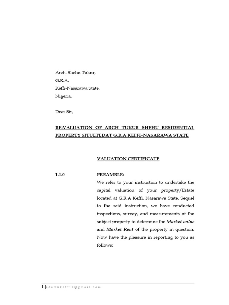 Valuation Report for Shehu Tukur's Property | PDF | Valuation (Finance ...