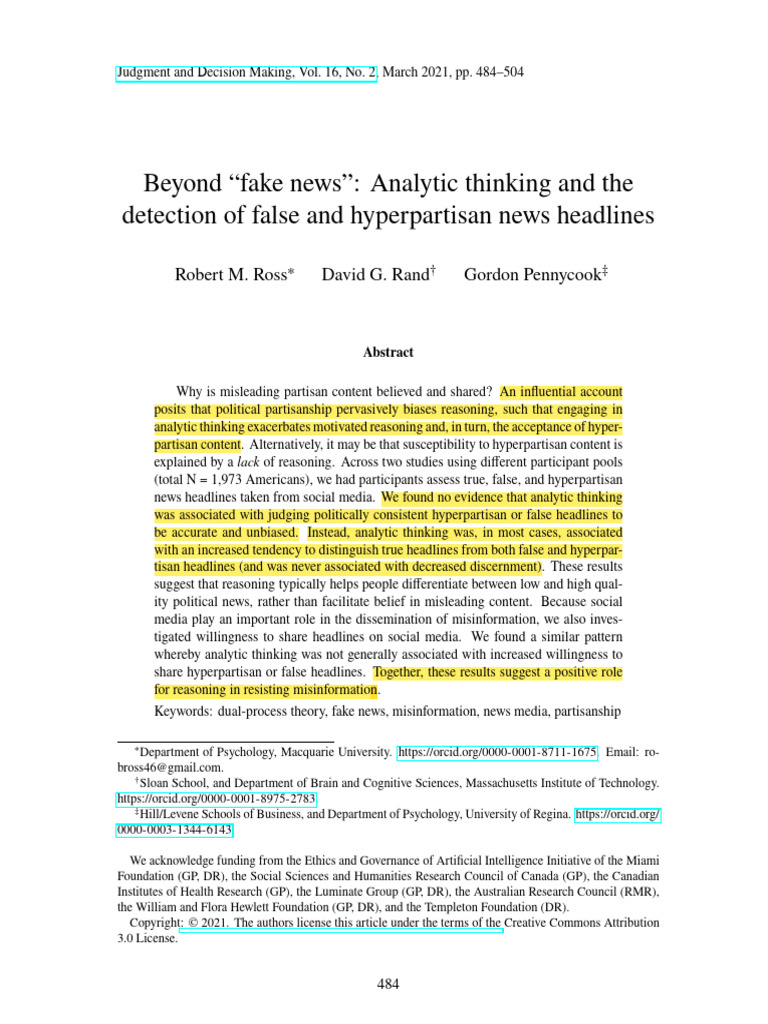 Beyond Fake News - Analytic Thining and The Detection of False and Hyperpartisan News Headlines ...
