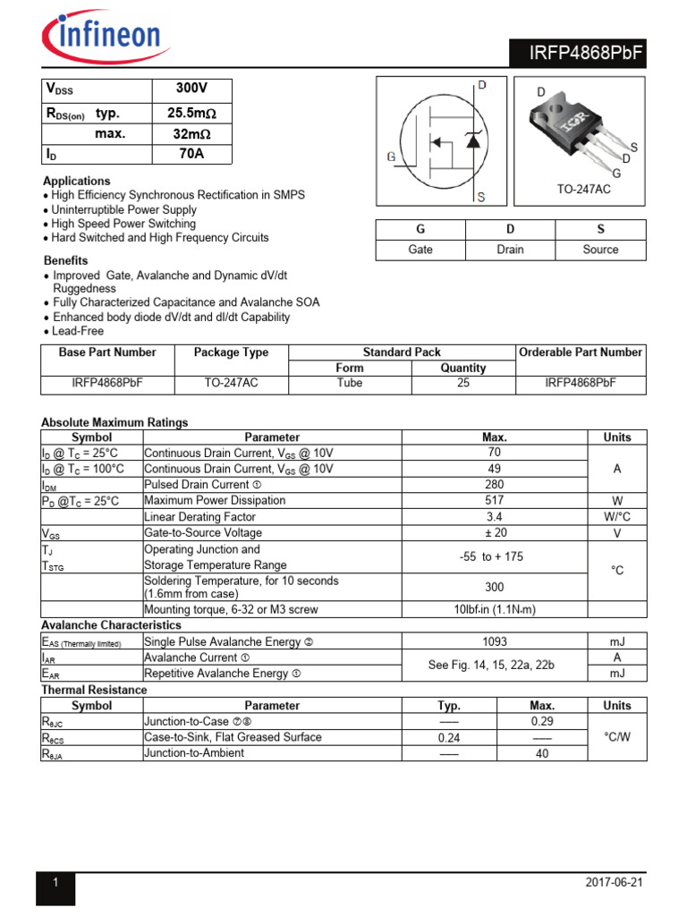 Infineon IRFP4868 DS v01 - 02 EN | PDF | Field Effect Transistor | Diode