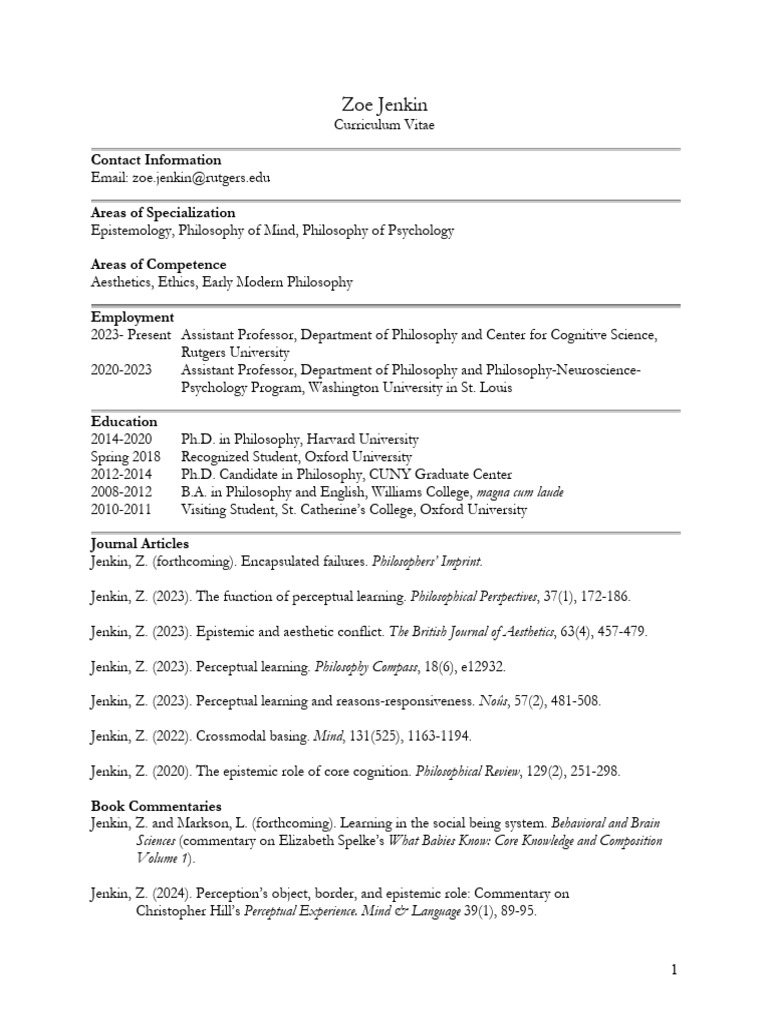 Zoe Jenkin: Philosophy CV & Publications | PDF | Epistemology ...