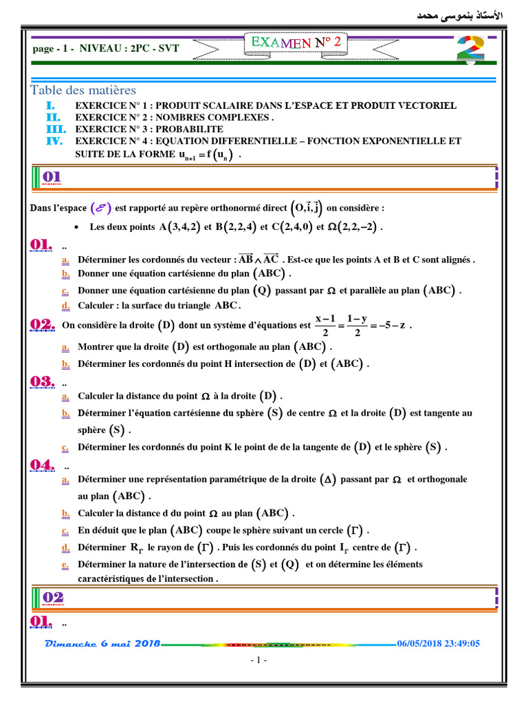 Examen Simili Math 2 Bac PC | PDF | Droite (mathématiques ...