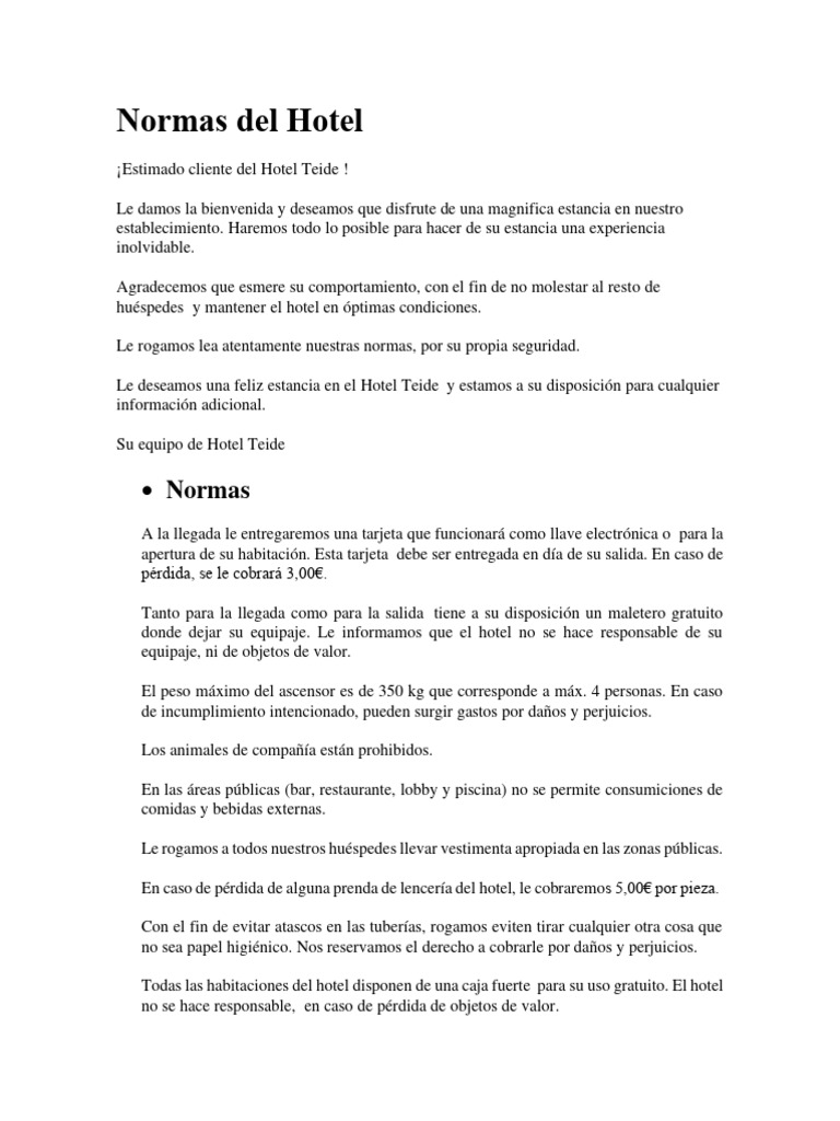 Normas Del Hotel | PDF | Hotel