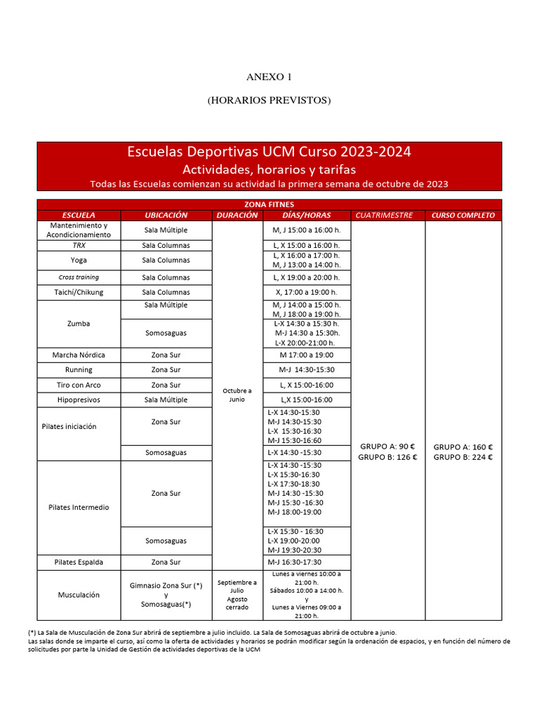 Cuadro Escuelas Deportivas Ucm Curso 2023 2024 Zona Fitness Provisional ...