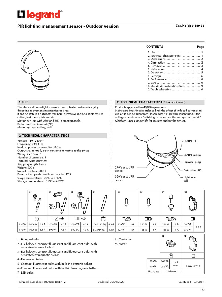 Outdoor PIR Lighting Sensor Data Sheet | PDF | Mains Electricity ...