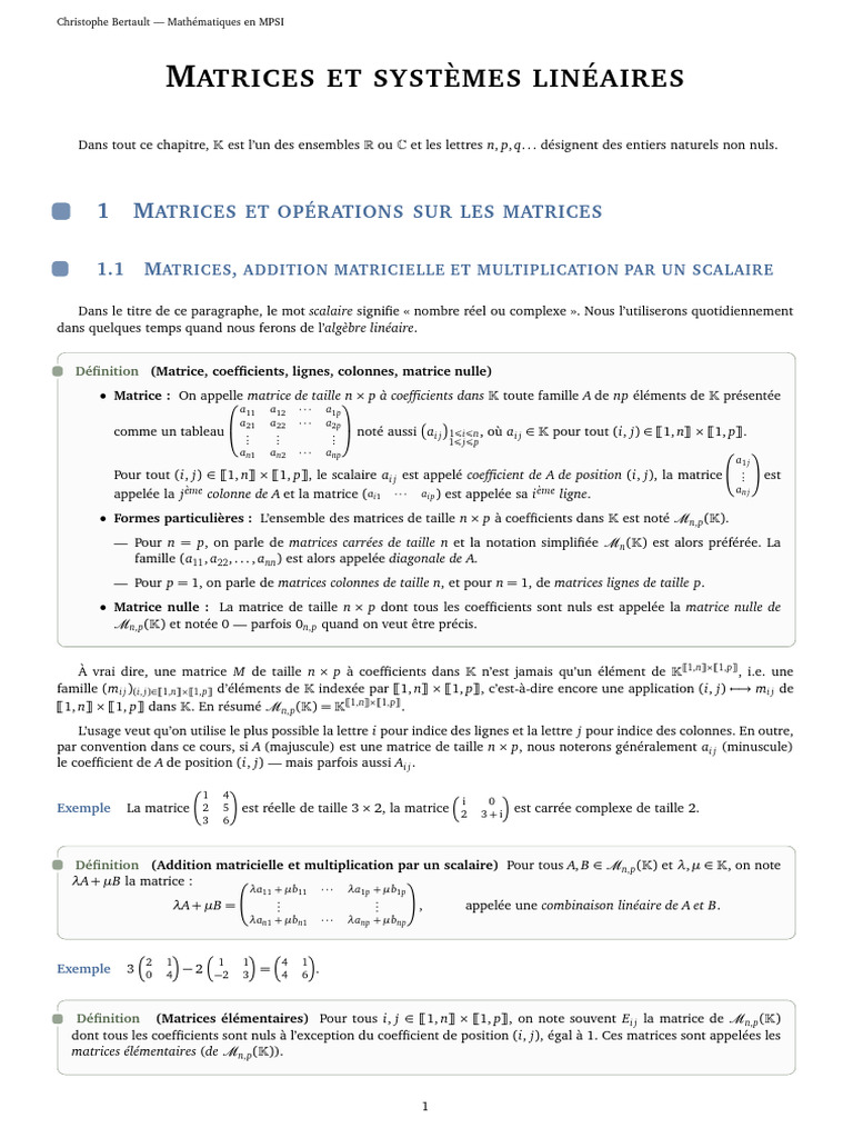 Cours - Matrices Et Systemes Lineaires | PDF | Matrice (Mathématiques ...