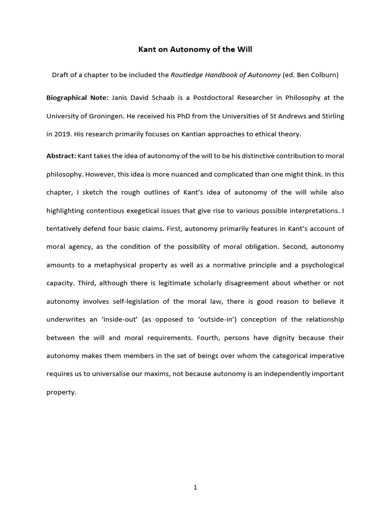 Kant On Autonomy of The Will | PDF | Immanuel Kant | Autonomy