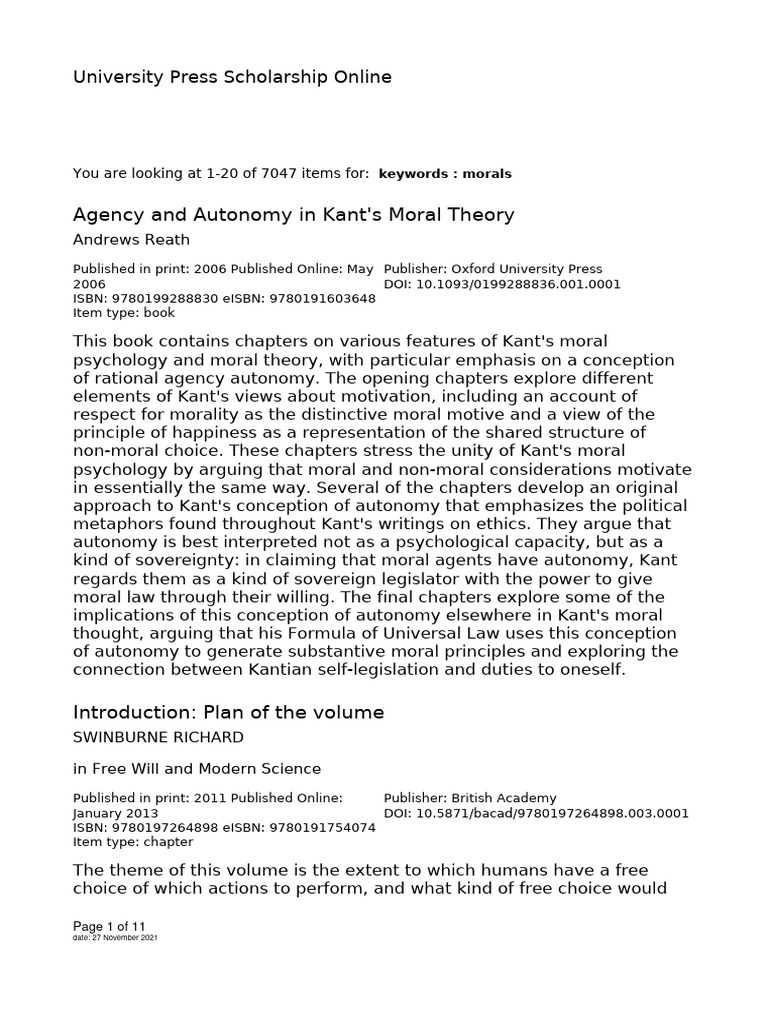 Agency and Autonomy in Kants Moral Theor | PDF | Immanuel Kant | Autonomy