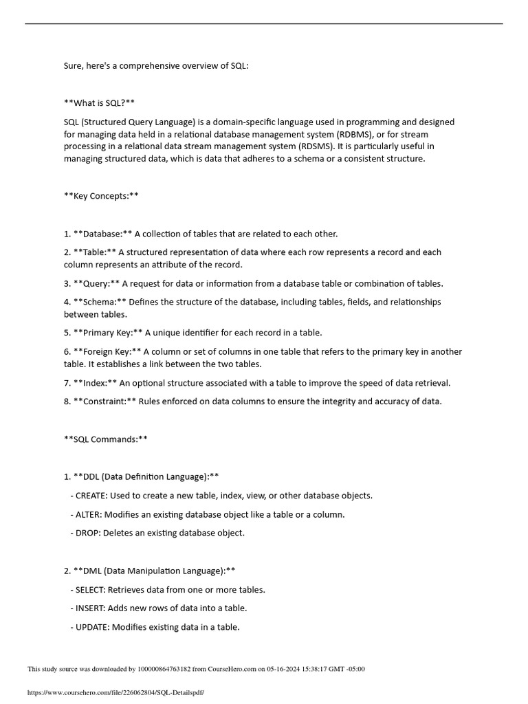 SQL Details PDF | Download Free PDF | Relational Database | Sql
