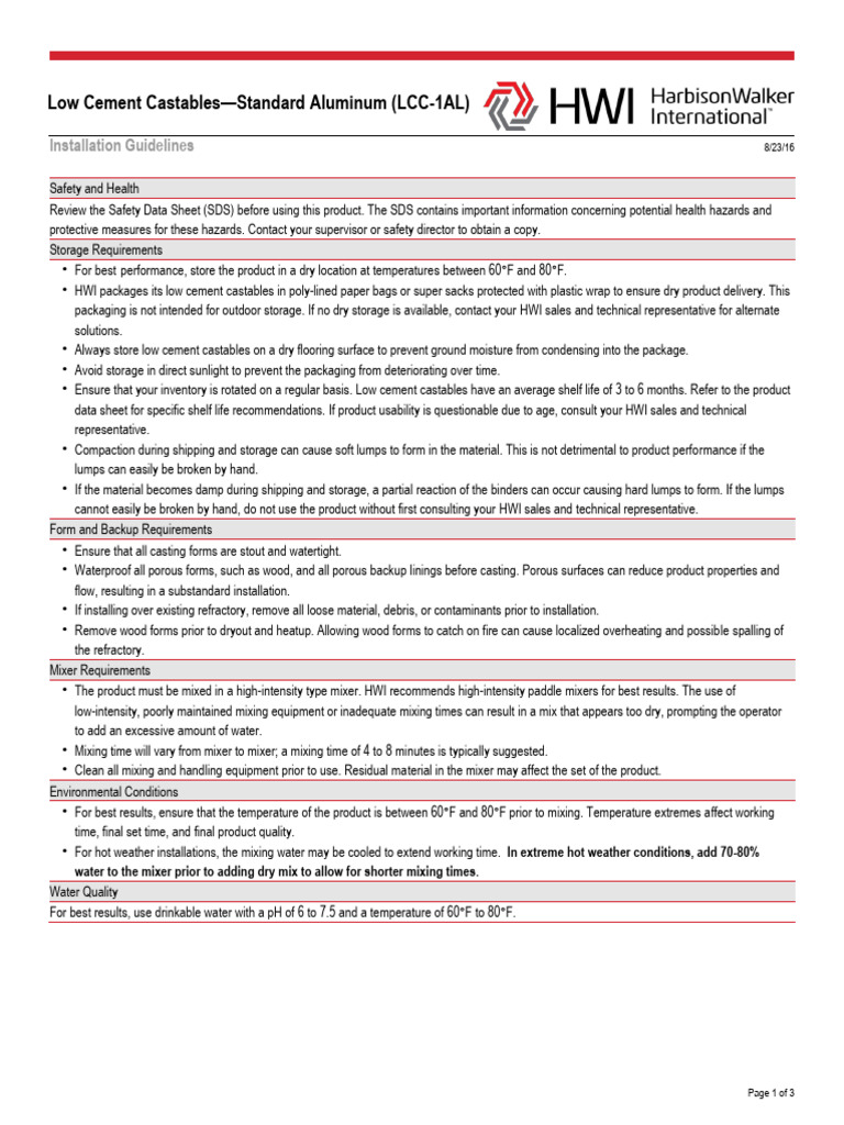 Installation LCC1AL Low Cement Castables - Standard Aluminum | PDF ...