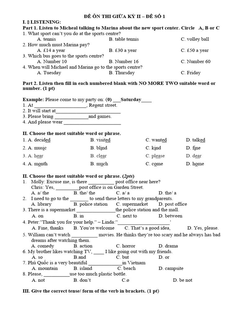 ĐỀ GiỮa KỲ 2 Anh 6 ĐỀ 1 Pdf Language Arts And Discipline
