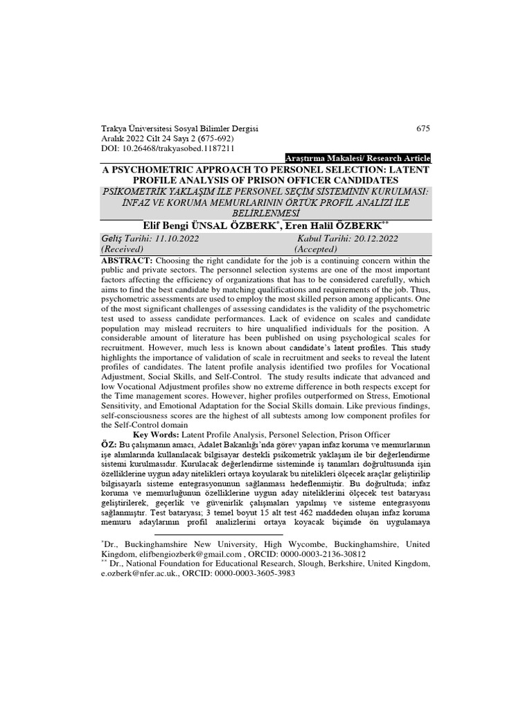 A Psychometric Approach To Personel Selection: Latent Profile Analysis ...