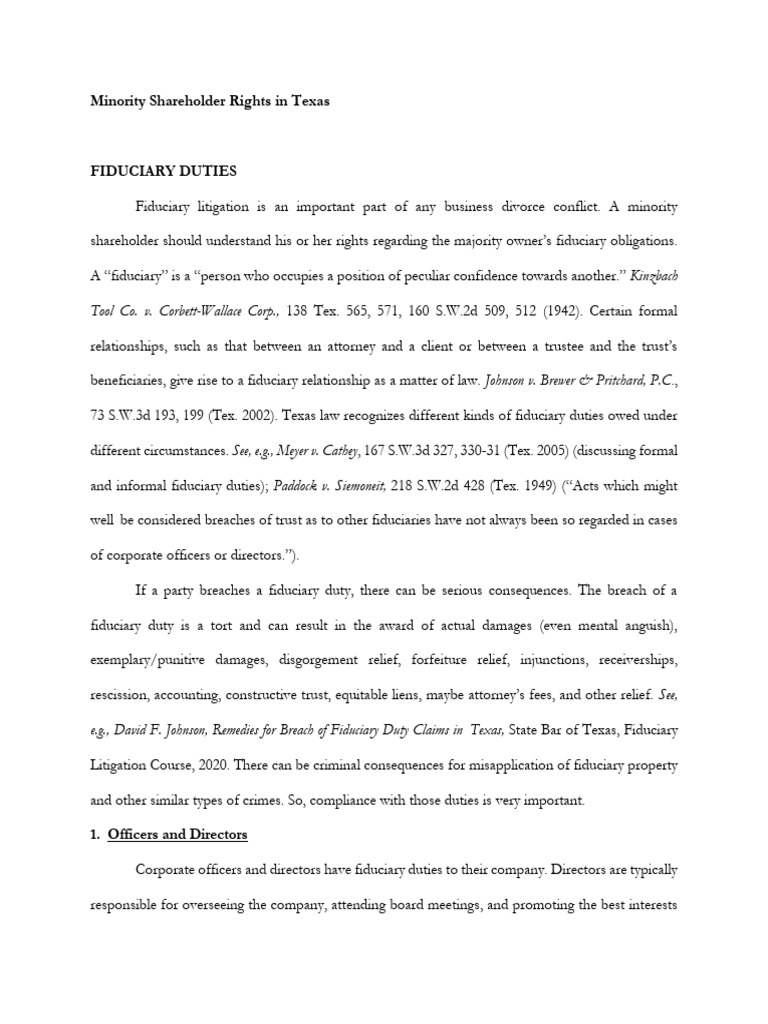 Minority Shareholder Rights in Texas | PDF | Fiduciary | Law Of Agency