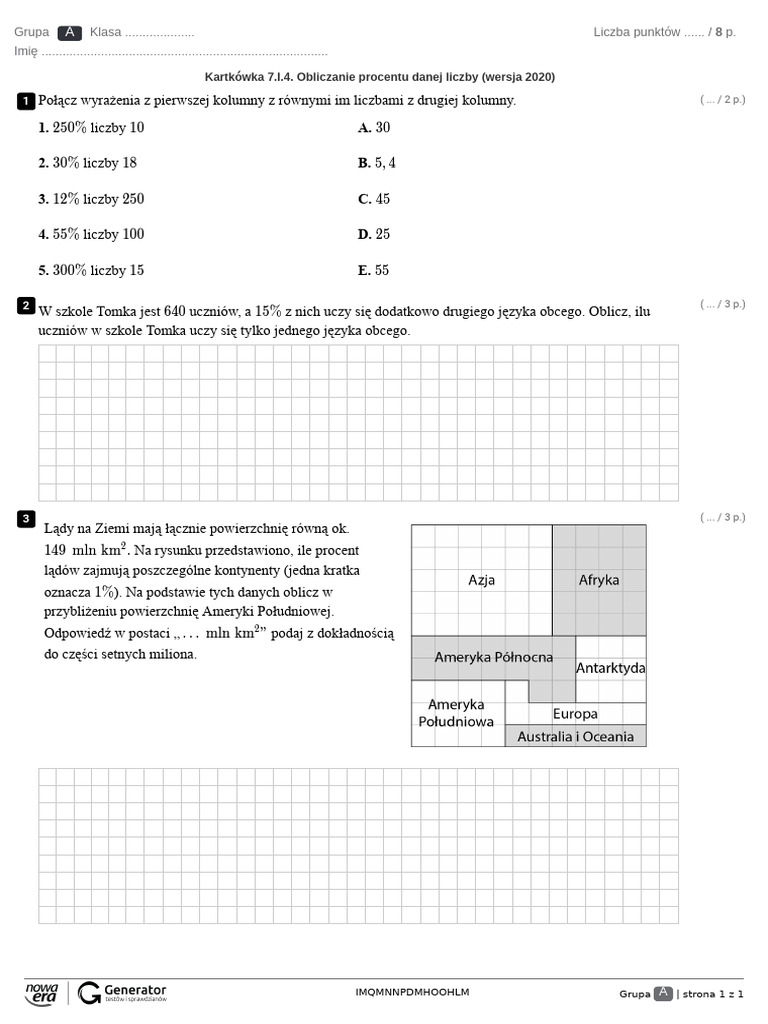 Kartkówka 7.I.4. Obliczanie Procentu Danej Liczby (Wersja 2020) Test (Z ...
