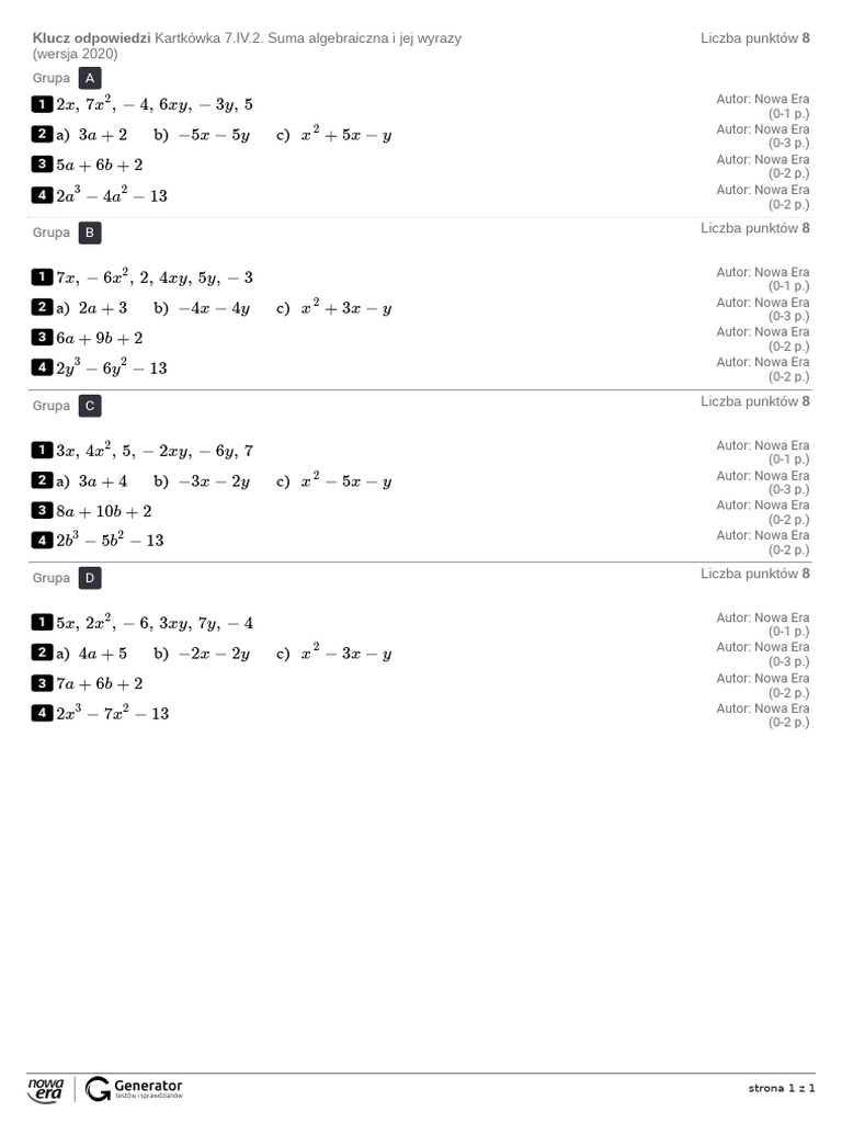 Kartkówka 7.IV.2. Suma Algebraiczna I Jej Wyrazy (Wersja 2020) Klucz Odpowiedzi | PDF