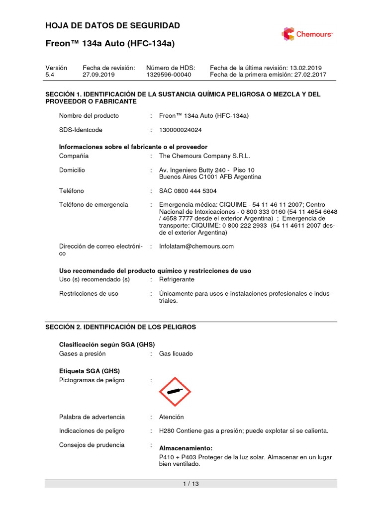 FDS. FREON 134a CHEMOURS | PDF
