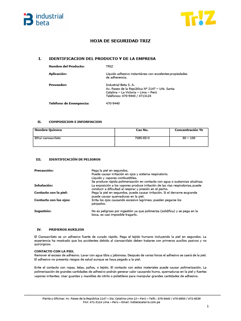 Hoja de Seguridad Triz | PDF | Agua | Primeros auxilios