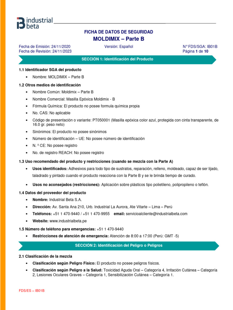 Hoja de Seguridad Moldimix B | PDF | Agua | Toxicidad
