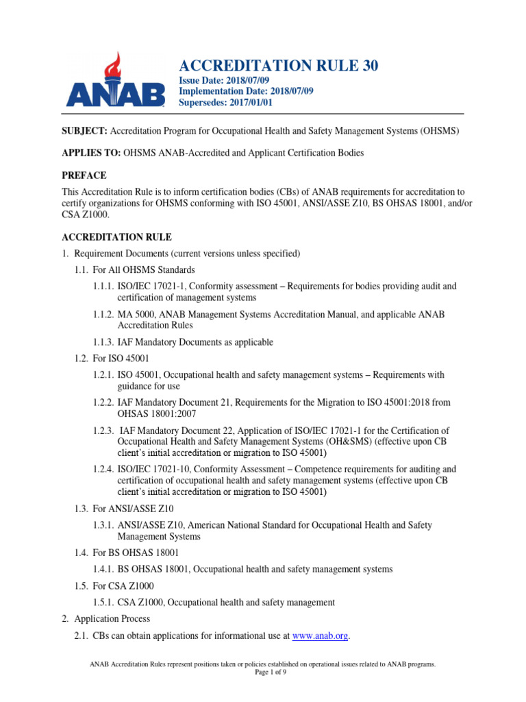 AR30 Accreditation For OHSMS-1039-7 ANAB | PDF | Audit | Occupational Safety And Health