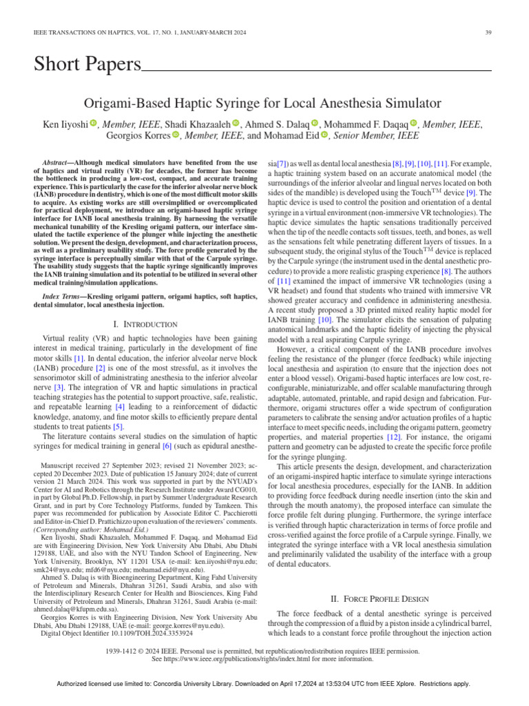 Origami Haptic Syringe for Dental Training | PDF | Virtual Reality ...