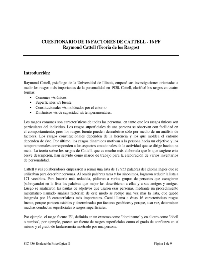 Evaluación 16PF de Cattell: Rasgos y Aplicación | PDF | Cognición | Desarrollo humano