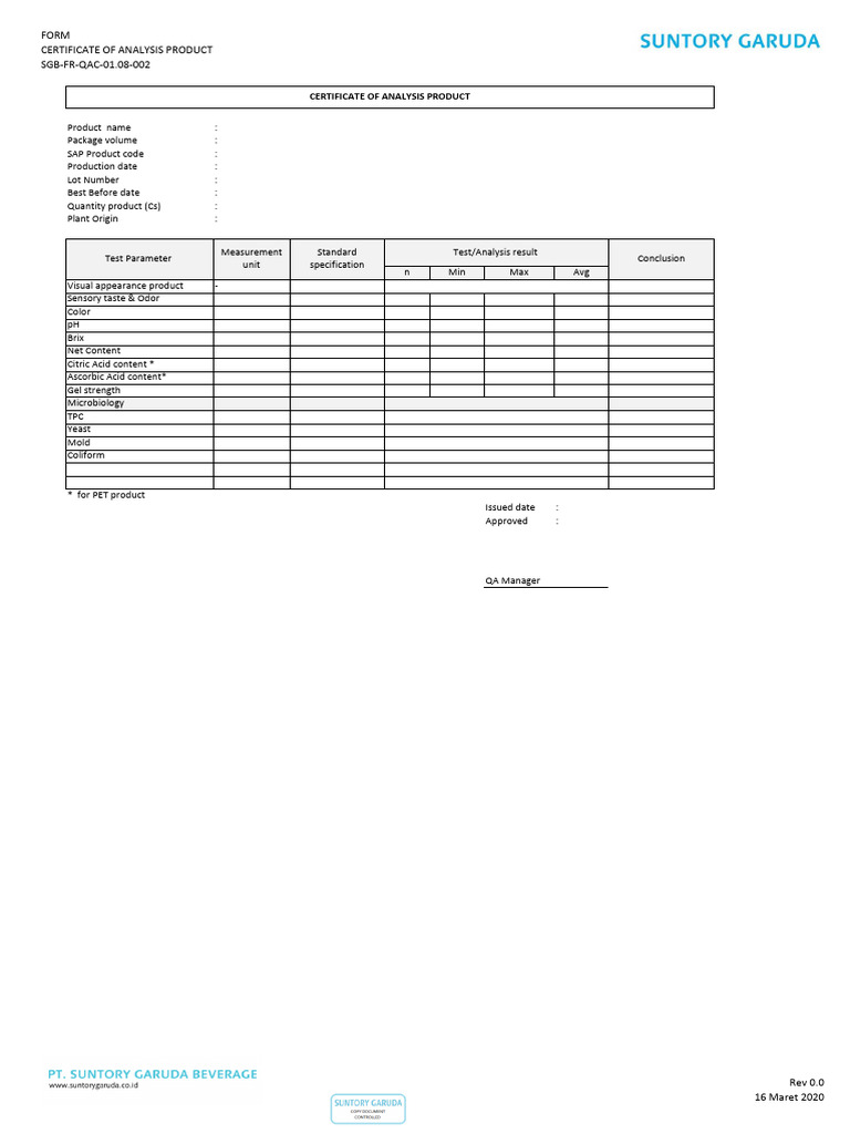 SGB-FR-QA-01.08-002 - Form Certificate of Analysis Product - 0.0 | PDF | Technology & Engineering