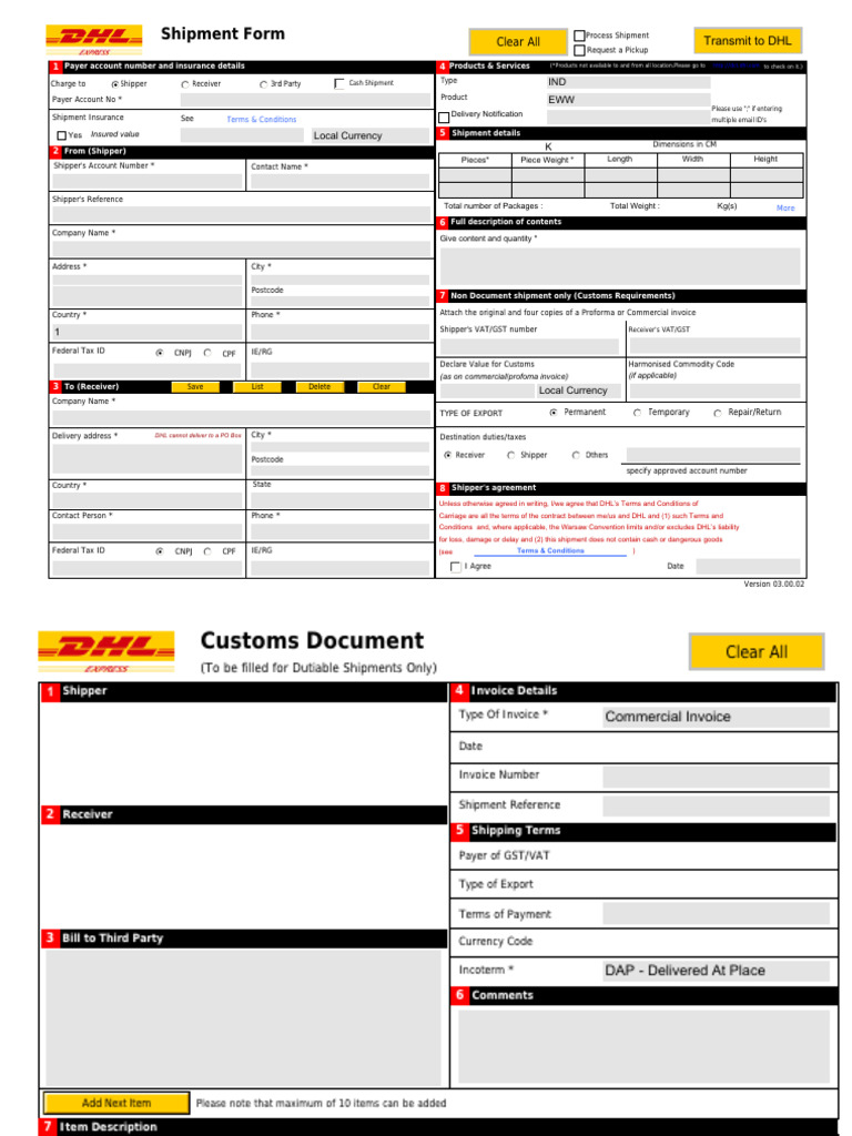 DHL eMailShip Shipment Form | PDF | Invoice | Customs