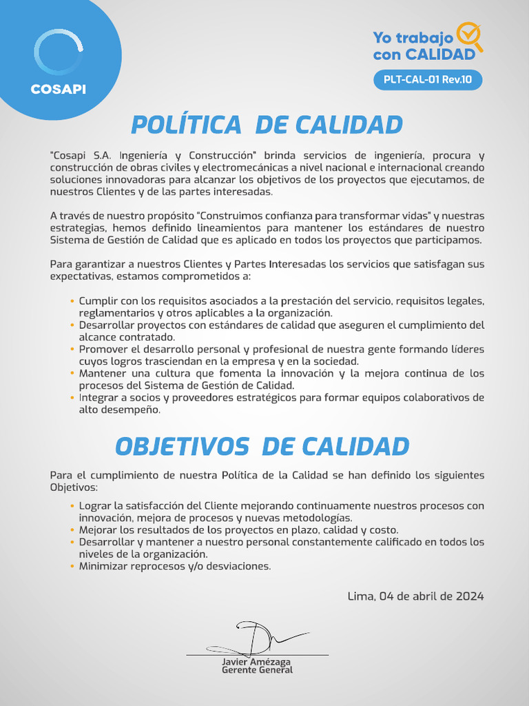 Cosapi s.a. - Política de Calidad | PDF
