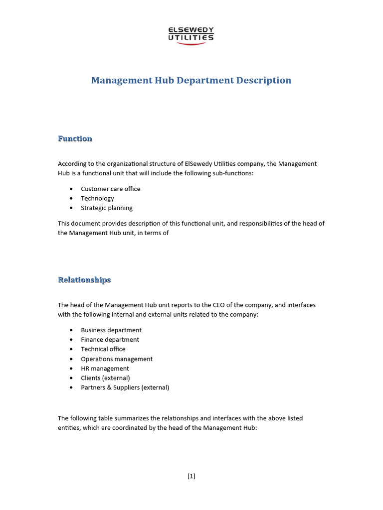 Management Hub Department Description - V1.0 | PDF | Budget | Business