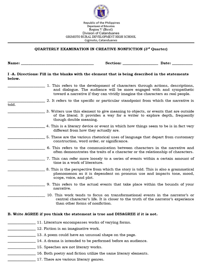 Creative Nonfiction Quarterly Exam Guide | PDF | Narrative | Narration