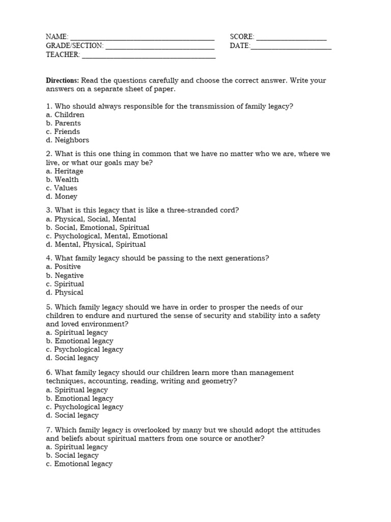 Family Legacy Quiz and Activities | PDF | Family | Emotions