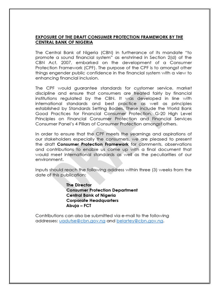 Consumer Protection Frameworkvcomplete Draft - Cenbank | PDF | Banks ...