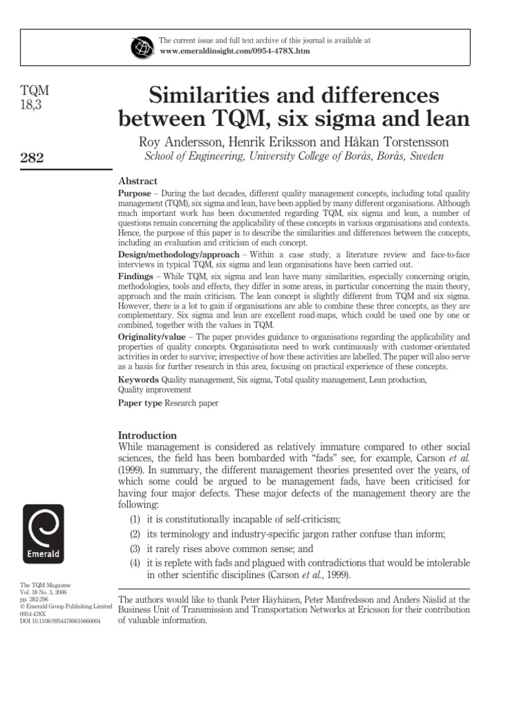 Similarities and Differences Between TQM, Six Sigma and Lean | Download ...