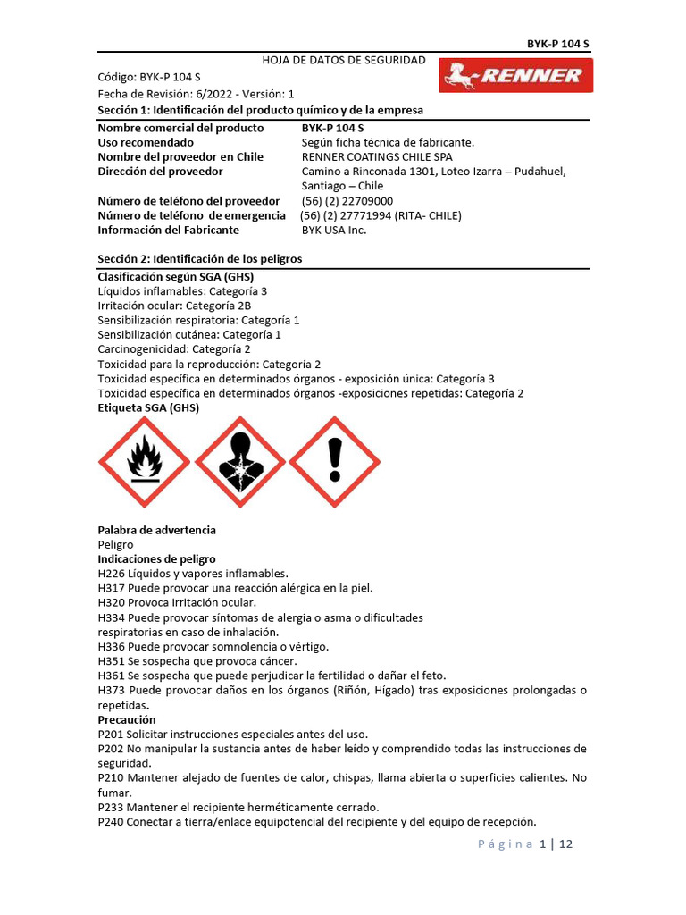 HDS Byk-P 104 S NCH 2245 2021 | PDF | Alergia | Agua