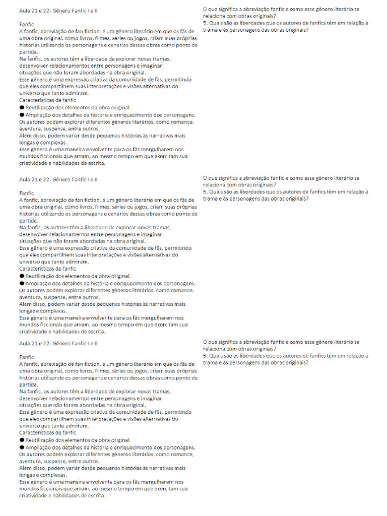 Aulas 21 e 22 - Fanfic 1AB | PDF