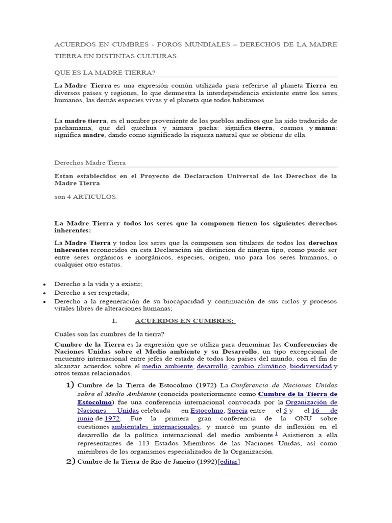 ACUERDOS EN CUMBRES FOROS MUNDIALES Y OTROS DERECHOS DE LA MADRE TIERRA | PDF | Entorno natural ...
