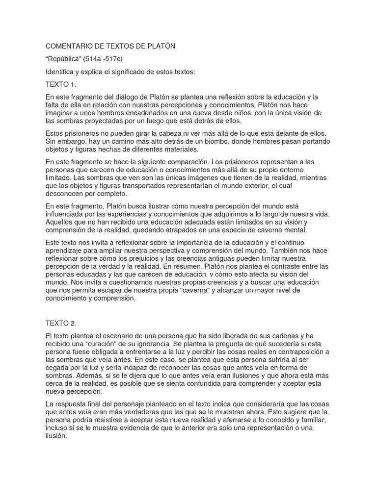 Comentario de Textos de Platón (+ Resumen) | PDF | Conocimiento | Platón