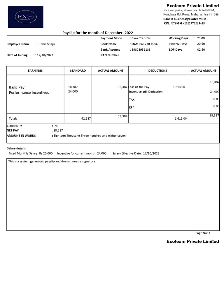 December 2022 Payslip - Exoteam | PDF | Paycheck | Salary
