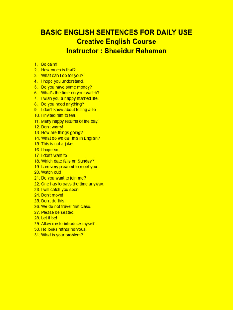 Basic English Sentences For Daily Use 1 | PDF