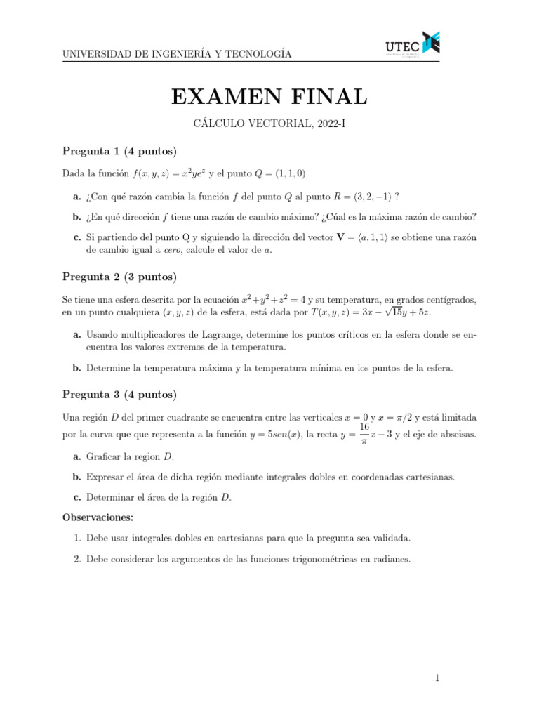 Examen Final Cálculo Vectorial 2022-I | PDF | Esfera | Sistema de ...