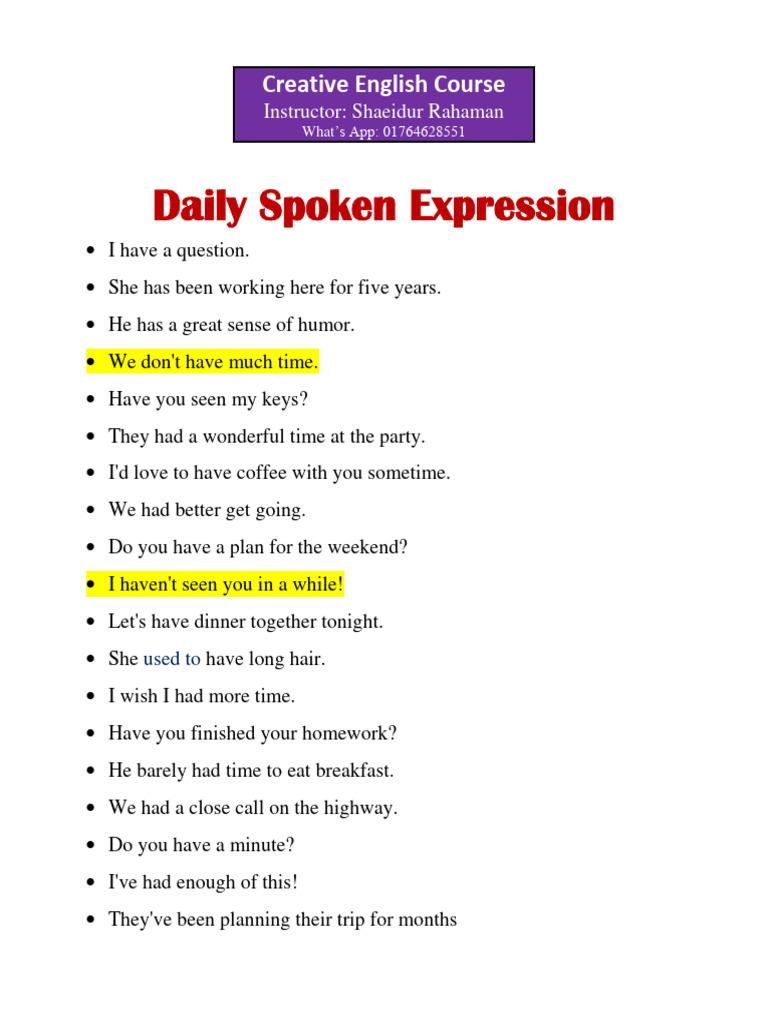 Daily Spoken English Expressions Guide | PDF | Linguistics | Linguistic ...