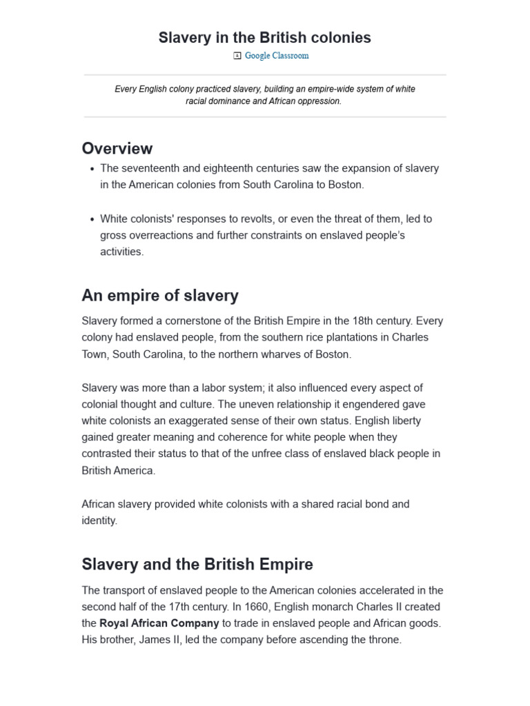 Slavery in The British Colonies (Article) - Khan Academy | PDF ...