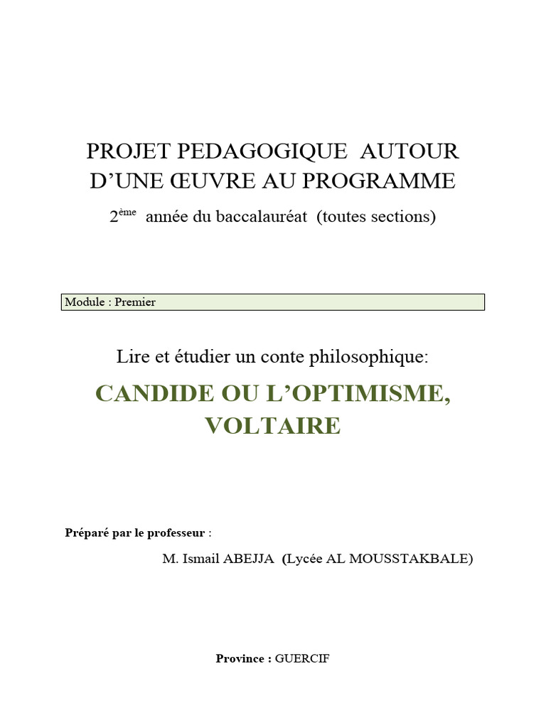 Projet pédagogique sur Candide 2 Bac | PDF | Candide | Lexique