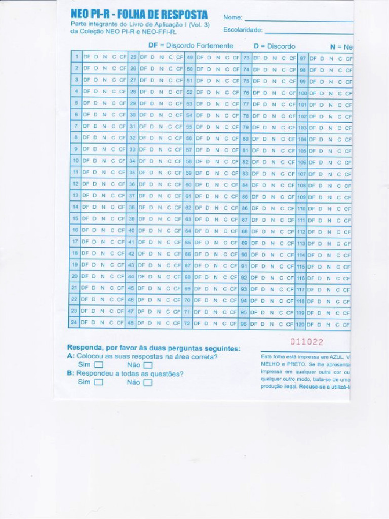 Folha de Resposta - Neo PI R | PDF