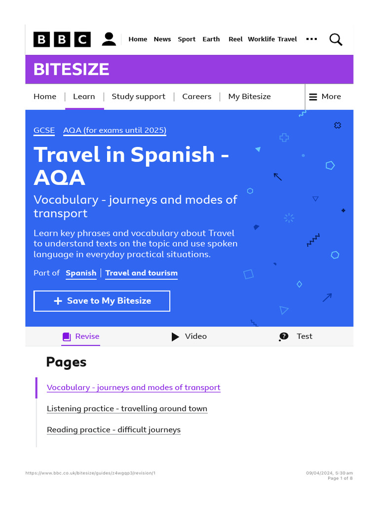 Vocabulary - Journeys and Modes of Transport - Travel in Spanish - AQA ...