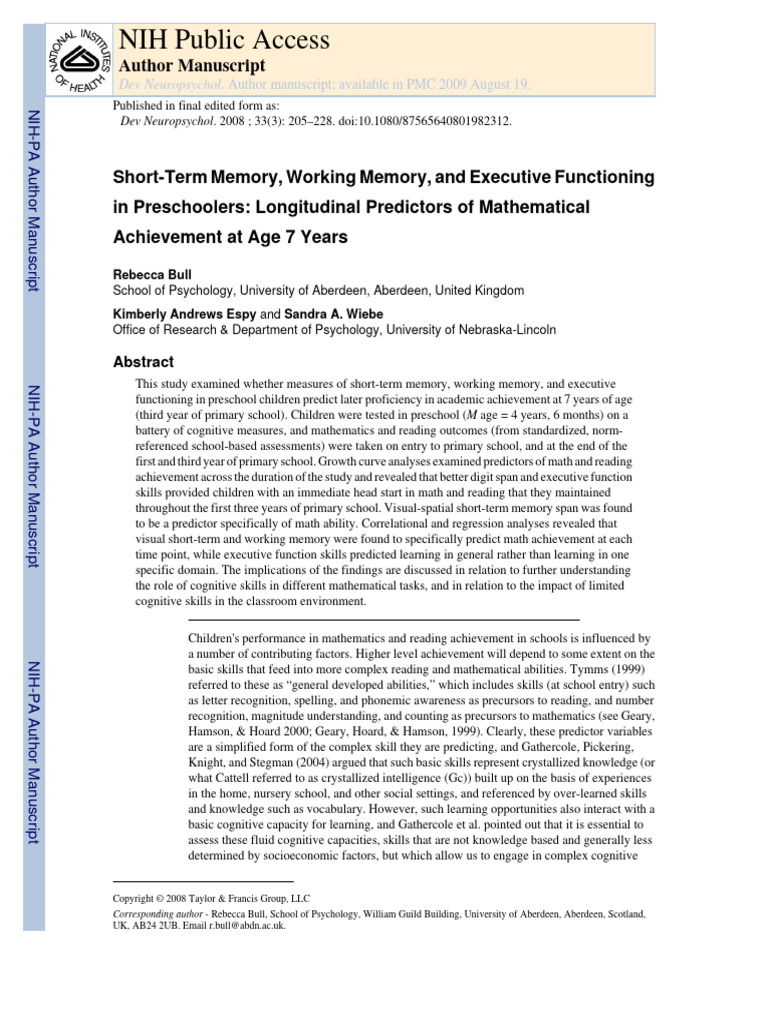 Short Term Memory, Working Memory, and Executive Functioning in Preschoolers Longitudinal ...