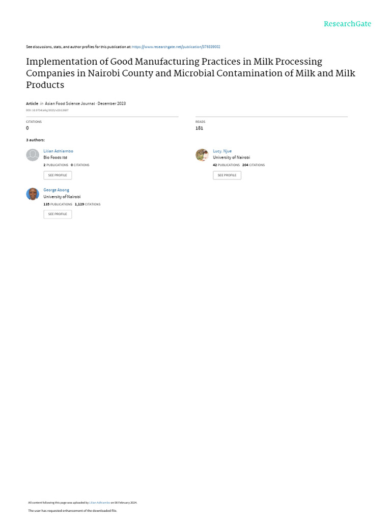 GMP in Nairobi Milk Processing | PDF | Hygiene | Food Safety