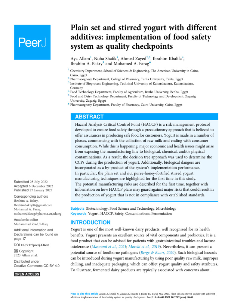 peerj-14648 | PDF | Hazard Analysis And Critical Control Points | Yogurt