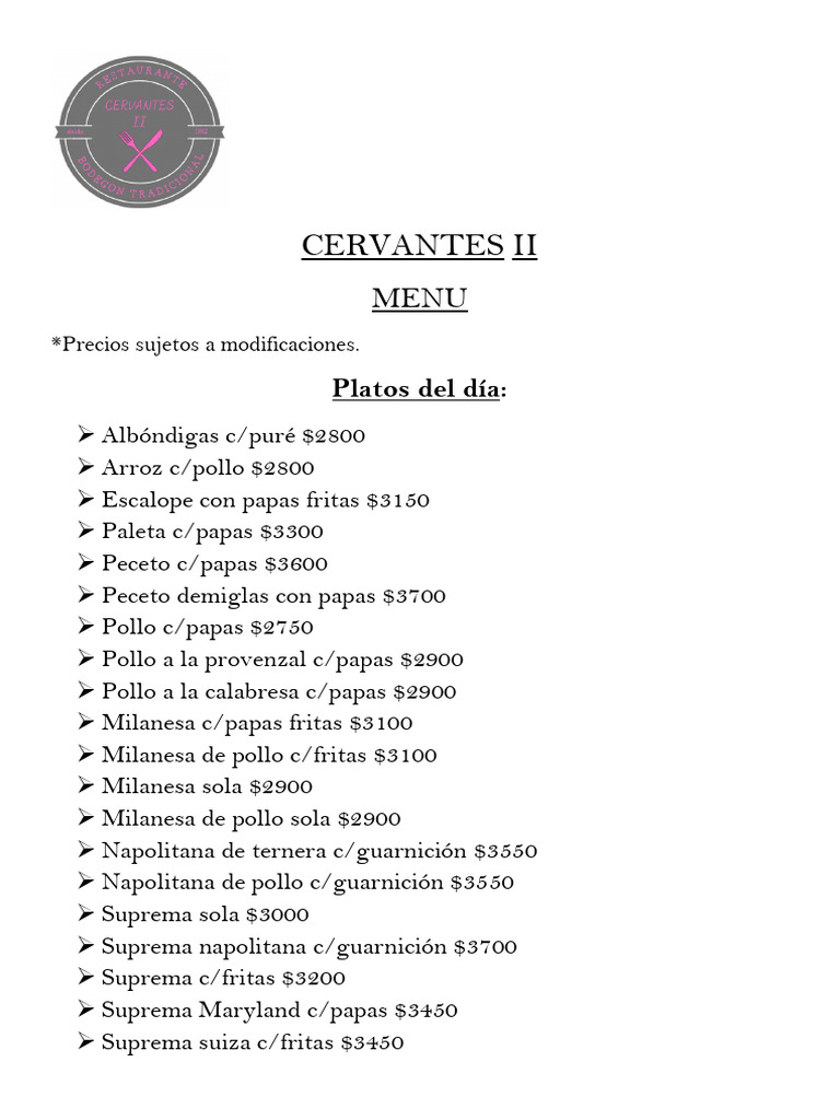Menu Cervantes Actualizado | PDF | filete | Alimentos